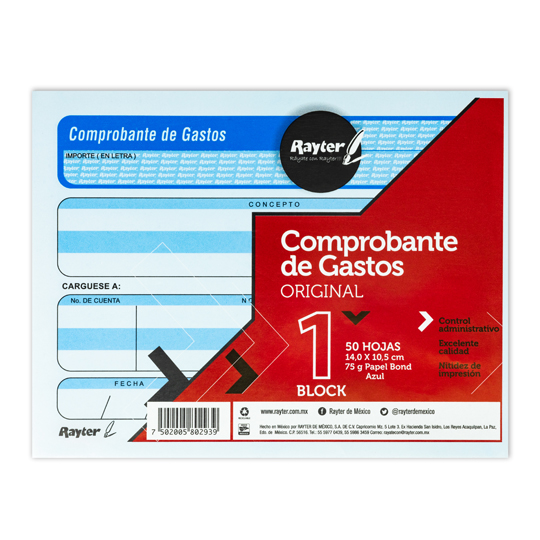 Comprobante de gastos Rayter, 1/4 de carta, color azul, block 50 hojas ...